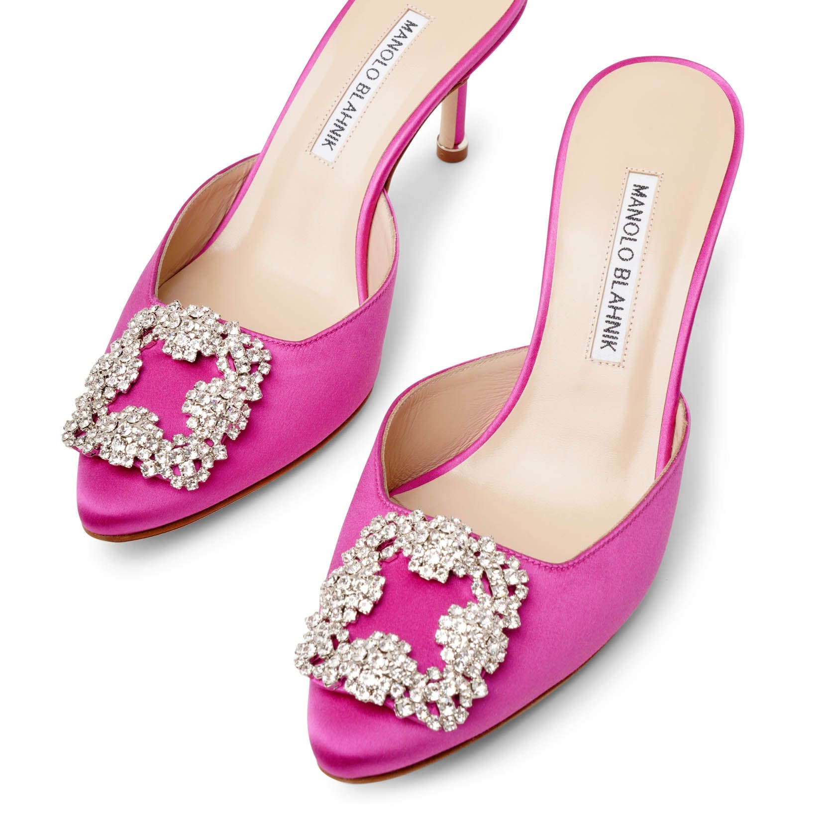 Manolo Blahnik | Hangisimu 70 pink satin mules | Savannahs
